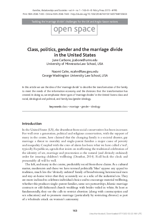 (PDF) Class, politics, gender and the marriage divide in the United States