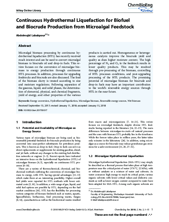 (PDF) Continuous Hydrothermal Liquefaction for Biofuel and Biocrude ...