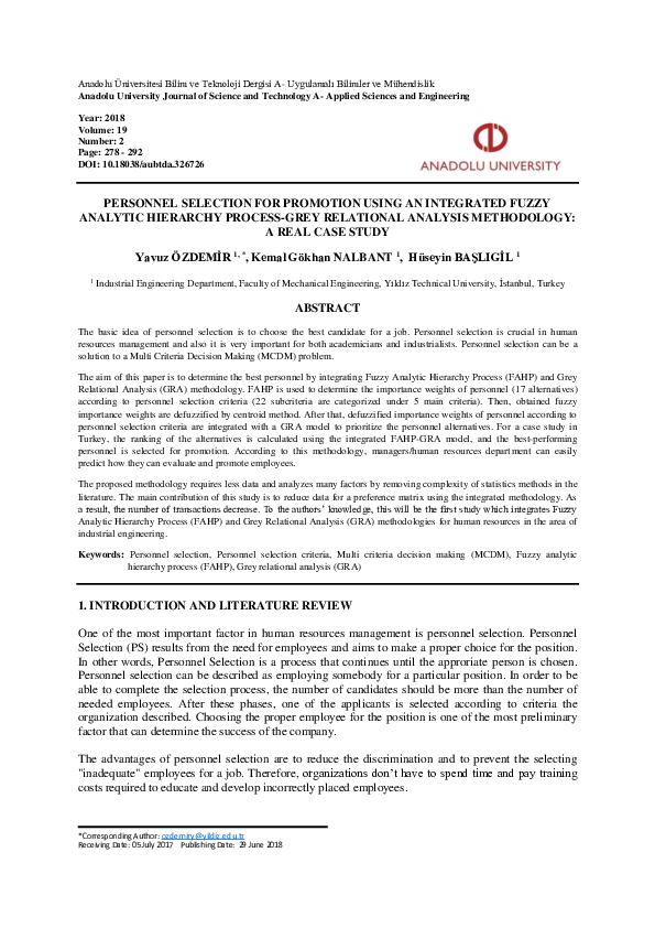 (PDF) Personnel Selection for Promotion Using an Integrated Fuzzy Analytic Hierarchy Process ...