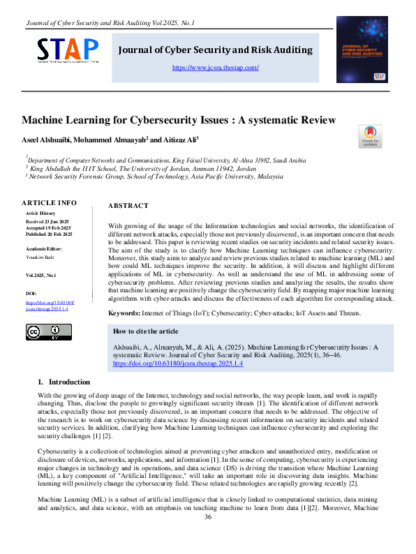 (PDF) Machine Learning for Cybersecurity Issues : A systematic Review