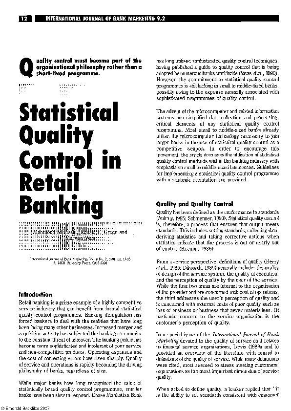(PDF) Statistical Quality Control in Retail Banking