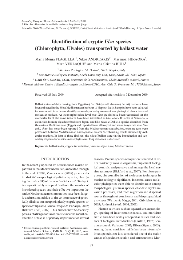 (PDF) Identification of cryptic Ulva species (Chlorophyta, Ulvales) transported by ballast water