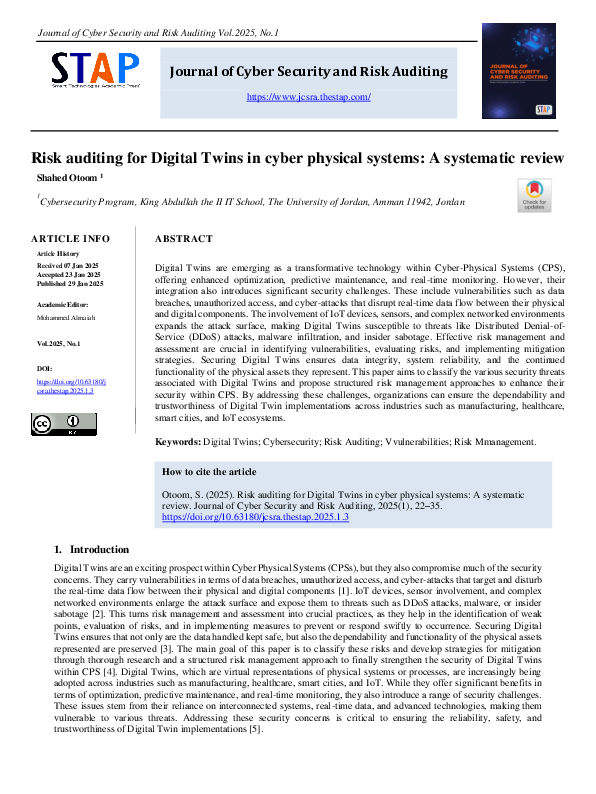 (PDF) Risk auditing for Digital Twins in cyber physical systems: A systematic review