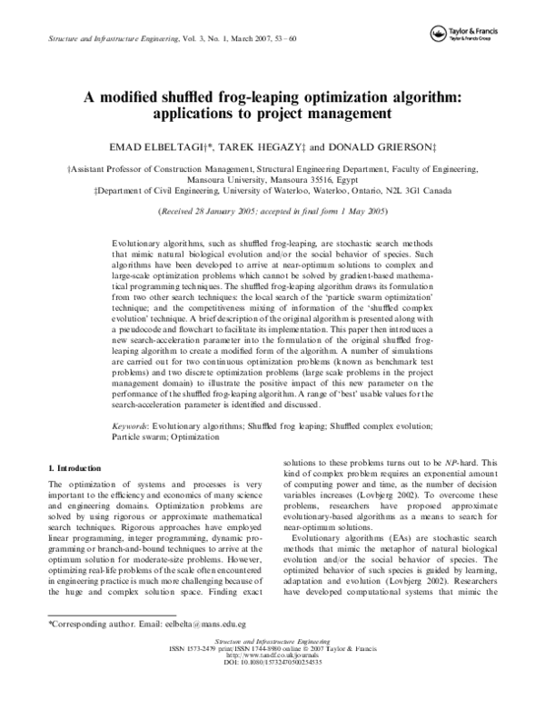(PDF) A modified shuffled frog-leaping optimization algorithm: applications to project management
