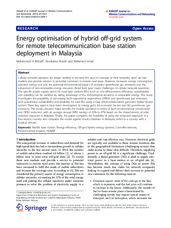 (PDF) Energy optimisation of hybrid off-grid system for remote telecommunication base station ...