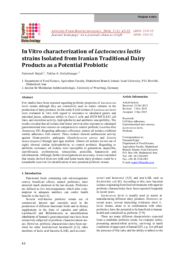 (PDF) In Vitro characterization of Lactococcus lactis strains Isolated ...