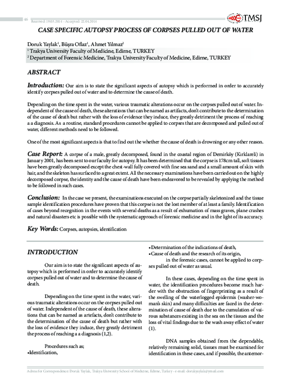 (PDF) Case Specific Autopsy Process of Corpses Pulled Out of Water