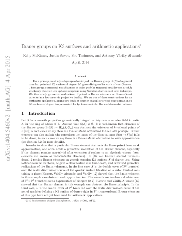 (PDF) Brauer Groups on K3 Surfaces and Arithmetic Applications