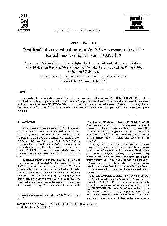 (PDF) Post-irradiation examinations of a Zr 2.5Nb pressure tube of the ...