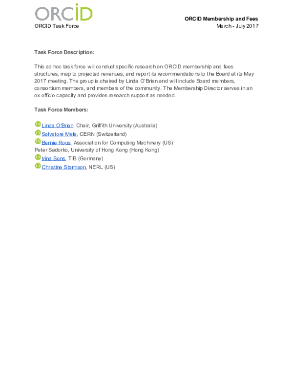 (PDF) Task Force: ORCID Membership and Fees