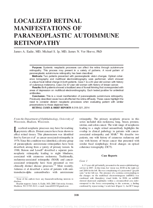 (PDF) Localized Retinal Manifestations of Paraneoplastic Autoimmune ...