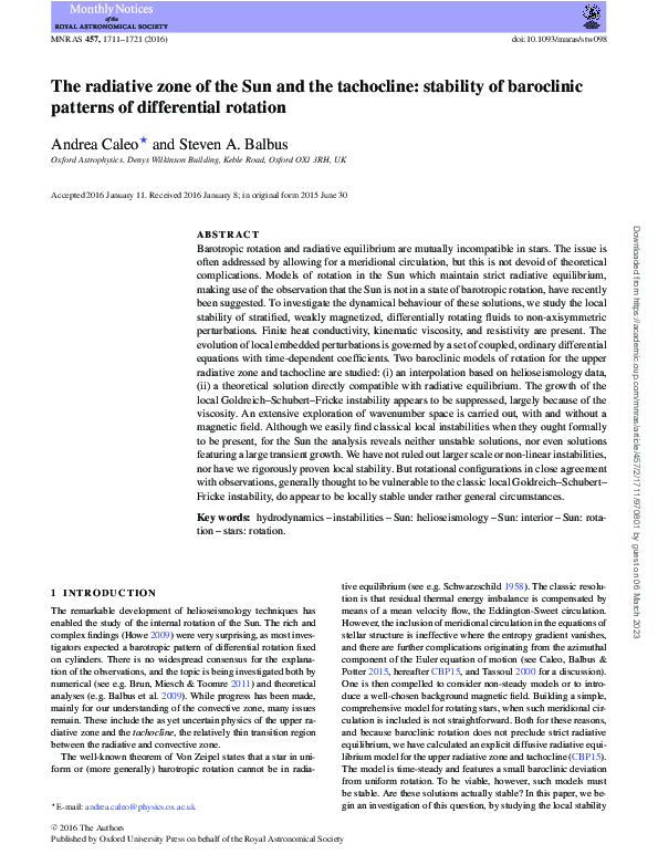 (PDF) The radiative zone of the Sun and the tachocline: stability of ...