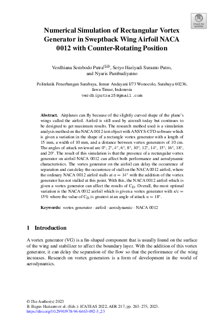 (PDF) Numerical Simulation of Rectangular Vortex Generator in Sweptback ...