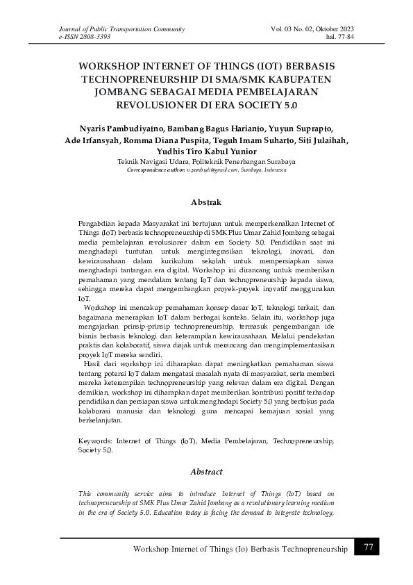 (PDF) Workshop Internet of Things (Iot) Berbasis Technopreneurship DI Sma/SMK Kabupaten Jombang ...