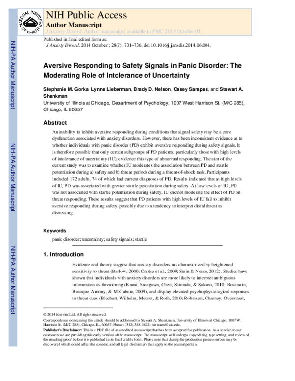 (PDF) Aversive responding to safety signals in panic disorder: The ...