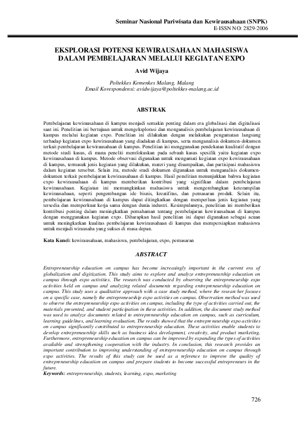 (PDF) Eksplorasi Potensi Kewirausahaan Mahasiswa Dalam Pembelajaran Melalui Kegiatan Expo