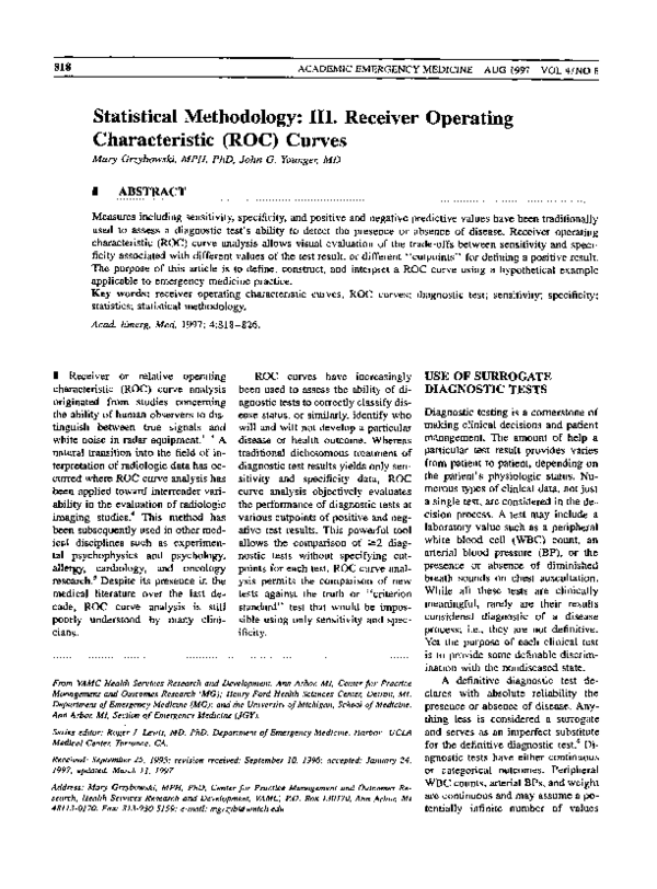 (PDF) Statistical Methodology: III. Receiver Operating Characteristic (ROC) Curves