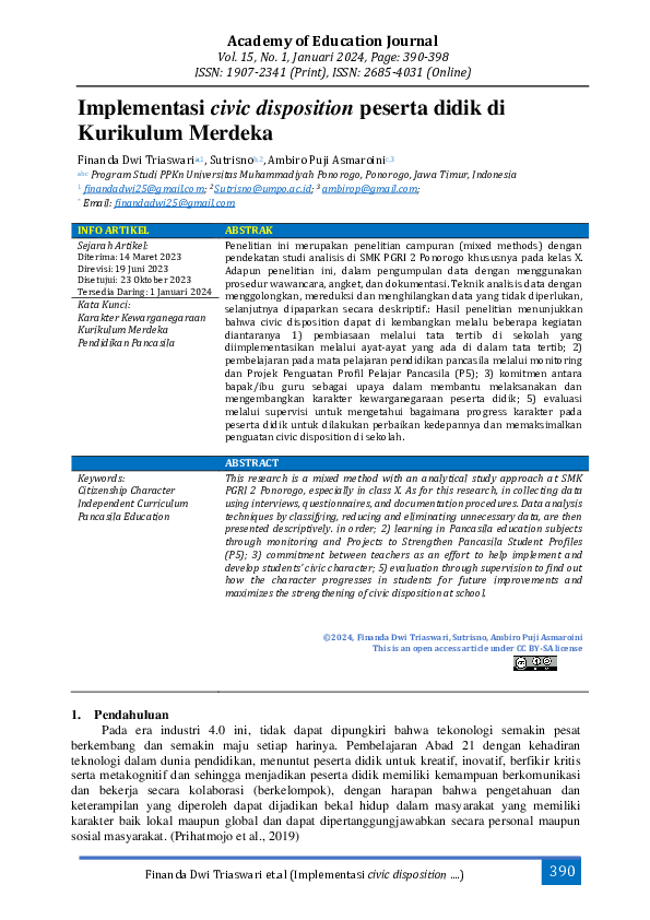 (PDF) Implementasi civic disposition peserta didik di Kurikulum Merdeka