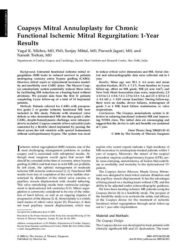(PDF) Coapsys Mitral Annuloplasty for Chronic Functional Ischemic ...