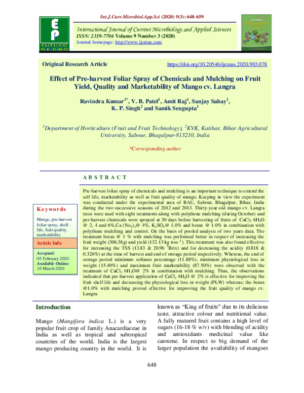 (PDF) Effect of Pre-harvest Foliar Spray of Chemicals and Mulching on Fruit Yield, Quality and ...