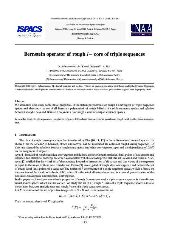 Pdf Bernstein Operator Of Rough I Core Of Triple Sequences