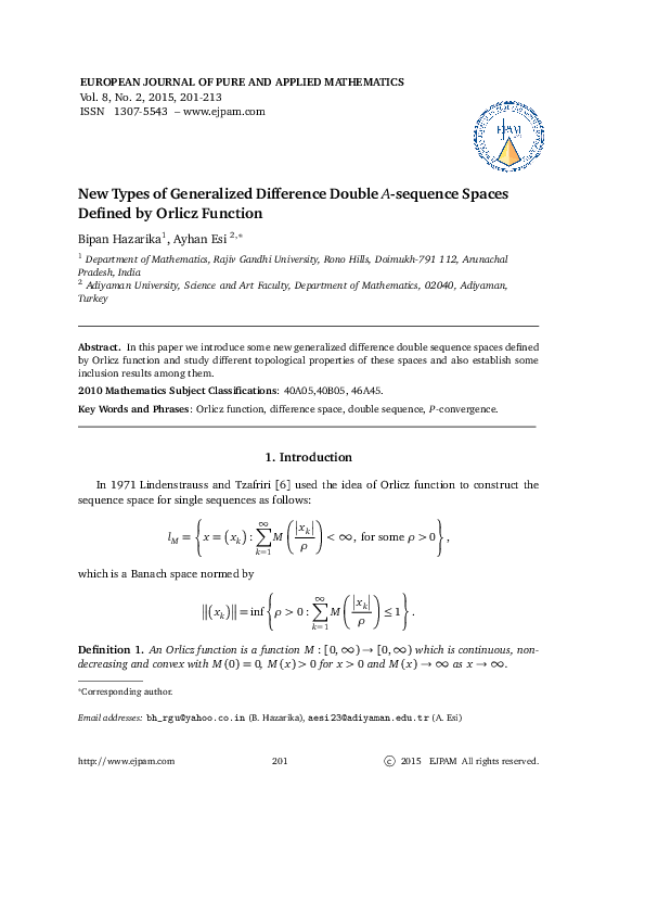 Pdf New Types Of Generalized Difference Double A Sequence Spaces Defined By Orlicz Function