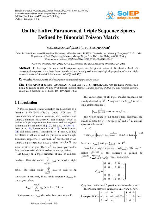 Pdf On The Entire Paranormed Triple Sequence Spaces Of Defined By Binomial Poisson Matrix