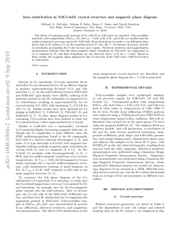 (PDF) Iron substitution in NdCoAsO: Crystal structure and magnetic ...