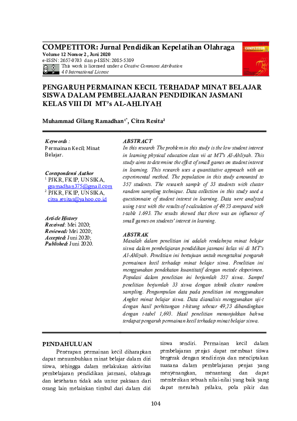 (PDF) PENGARUH PERMAINAN KECIL TERHADAP MINAT BELAJAR SISWA DALAM ...