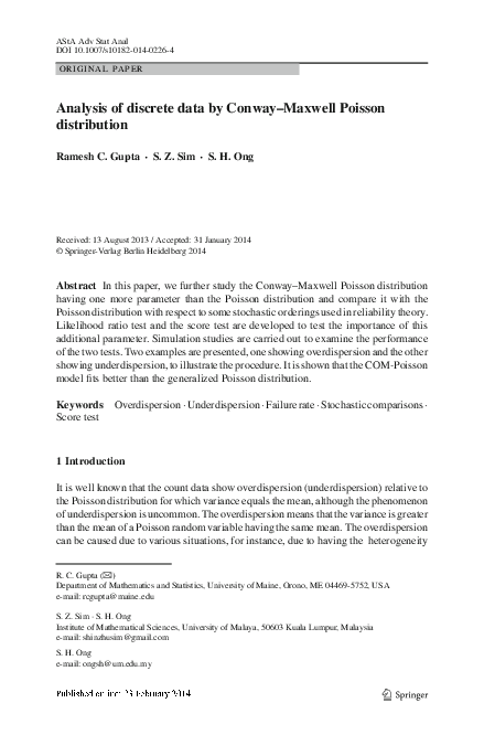 (PDF) Analysis of discrete data by Conway–Maxwell Poisson distribution