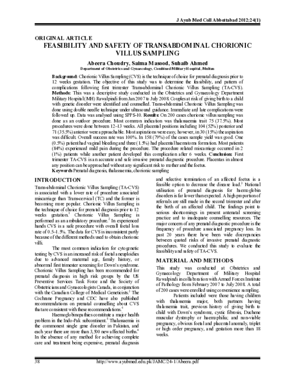 (PDF) Feasibility and safety of transabdominal chorionic villus sampling