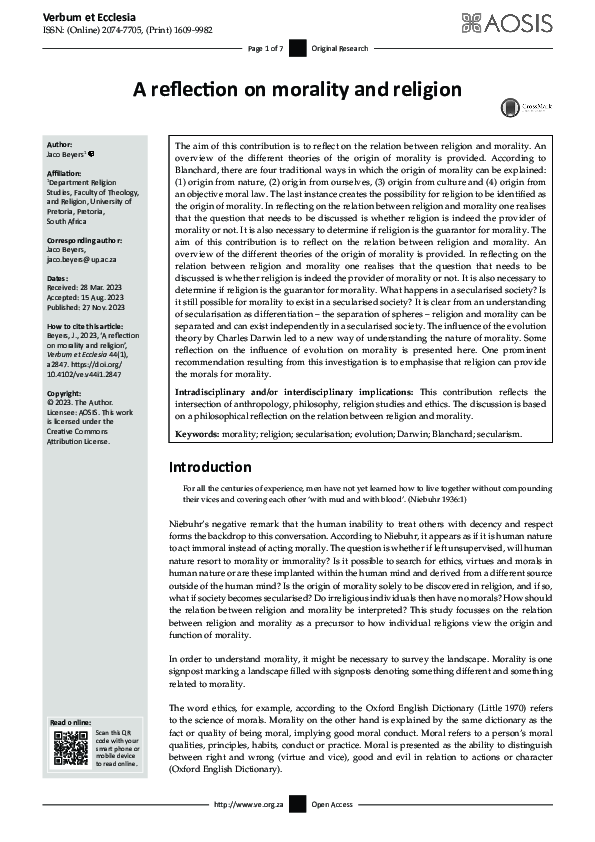 (PDF) A reflection on morality and religion