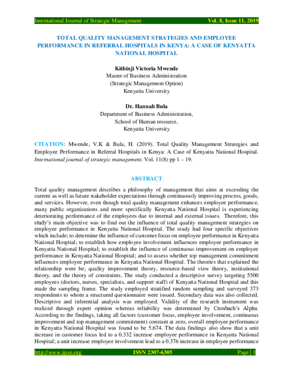 (PDF) Total Quality Management Strategies and Employee Performance in Referral Hospitals in ...
