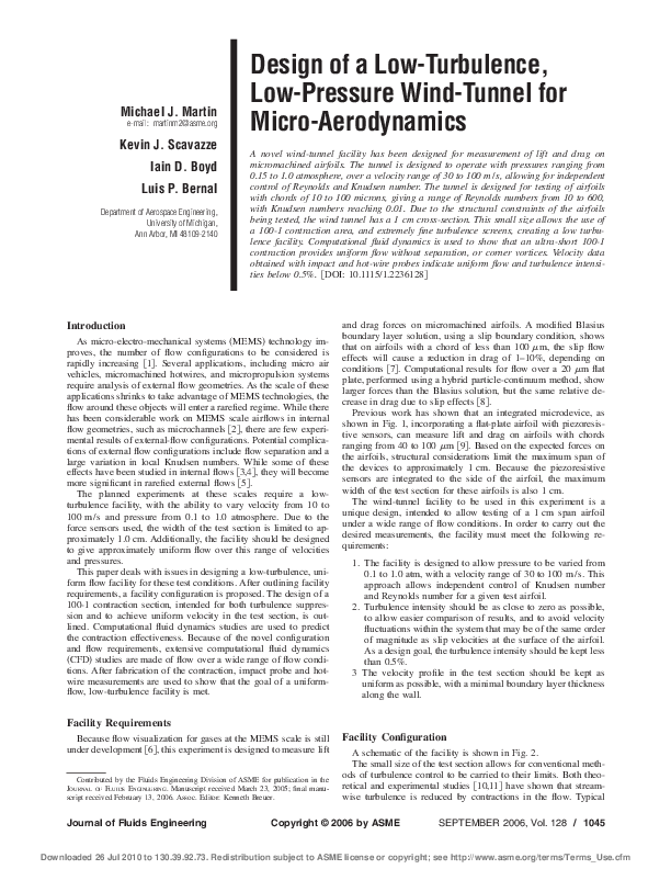 (PDF) Design of a Low-Turbulence, Low-Pressure Wind-Tunnel for Micro ...