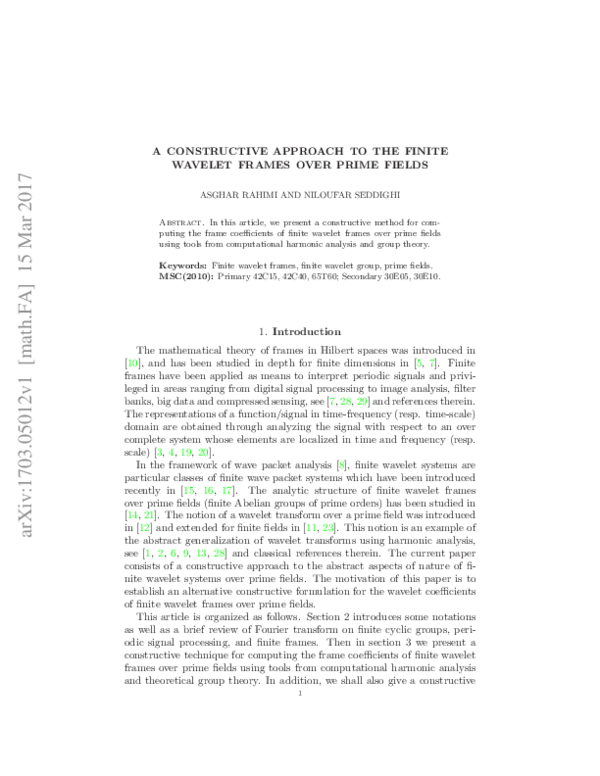 (PDF) A Constructive Approach to the Finite Wavelet Frames over Prime Fields