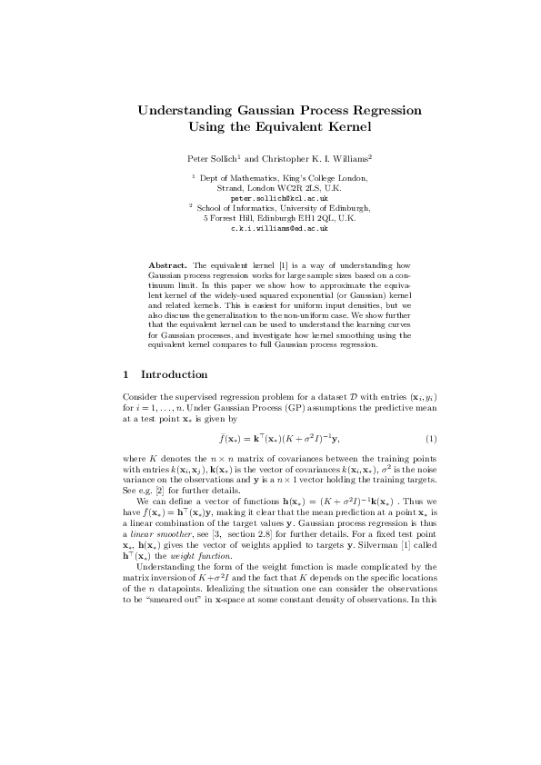(PDF) Understanding Gaussian Process Regression Using the Equivalent Kernel