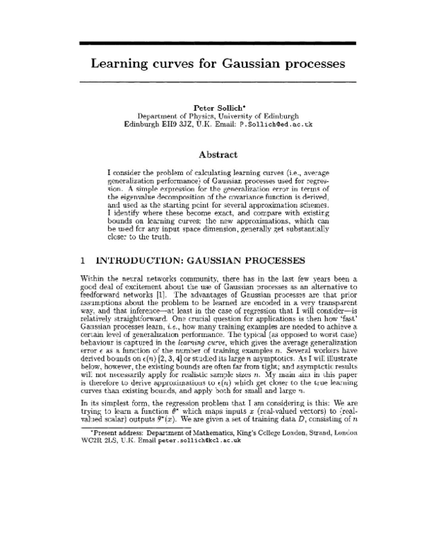 (PDF) Learning Curves for Gaussian Processes