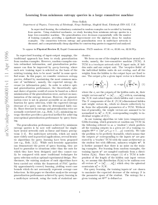 (PDF) Learning from minimum entropy queries in a large committee machine
