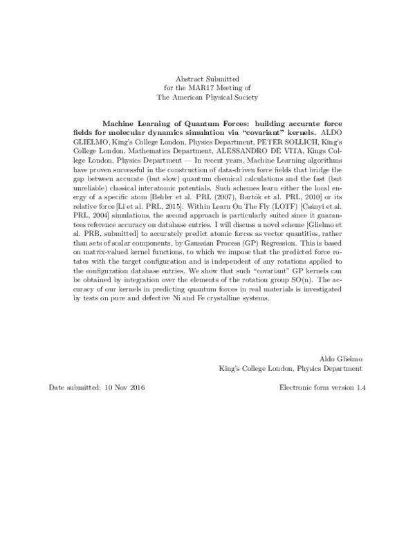 (PDF) Machine Learning of Quantum Forces: building accurate force ...