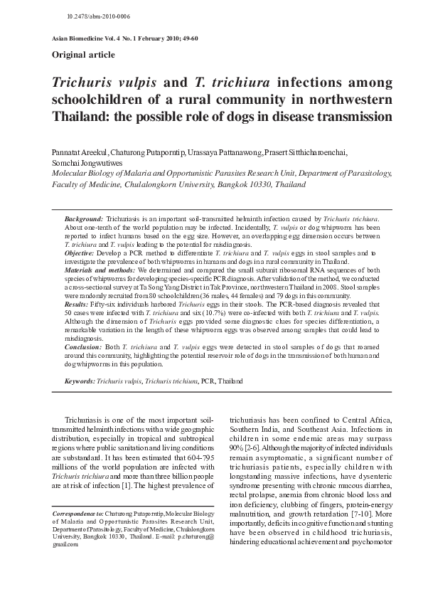 (PDF) Trichuris vulpis and T. trichiura infections among schoolchildren ...