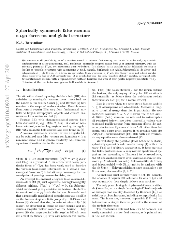 (PDF) Spherically symmetric false vacuum: No-go theorems and global ...