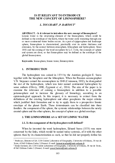 (PDF) Is it Relevant to Introduce the New Concept of Limnosphere?