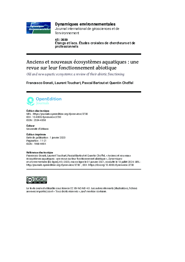 (PDF) Anciens et nouveaux écosystèmes aquatiques : une revue sur leur ...
