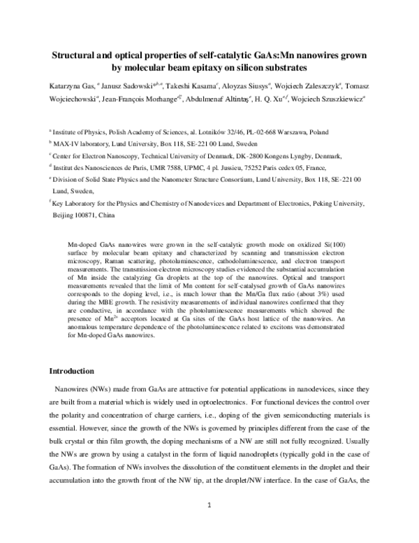 (PDF) Structural and optical properties of self-catalytic GaAs:Mn nanowires grown by molecular ...
