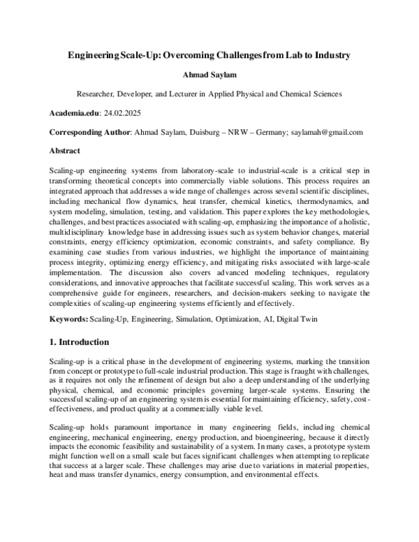(PDF) Engineering Scale-Up: Overcoming Challenges from Lab to Industry