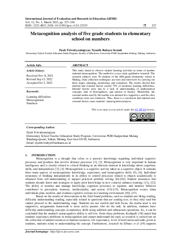 (PDF) Metacognition analysis of five grade students in elementary ...