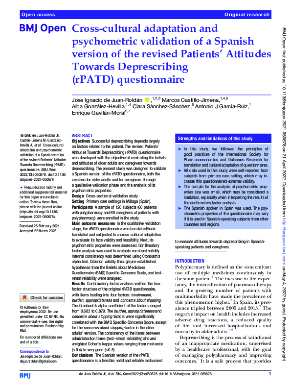 Pdf Cross Cultural Adaptation And Psychometric Validation Of A Spanish Version Of The Revised