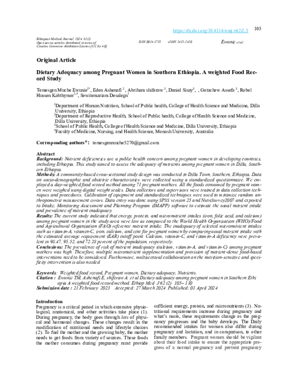 (PDF) Dietary adequacy among pregnant women in Southern Ethiopia. A ...