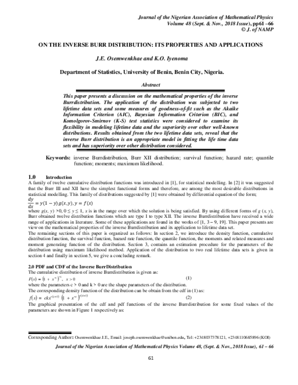 Pdf On The Inverse Burr Distribution Its Properties And Applications