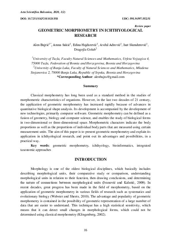 Pdf Geometric Morphometry In Ichthyological Research